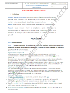Fiche PMS HACCP D2. Procédure de Retrait-Rappel des produits